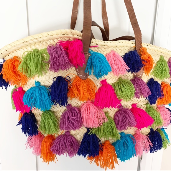 Bags | Bright Multi Colorful Tassel Straw Beach Tote Bag | Poshmark